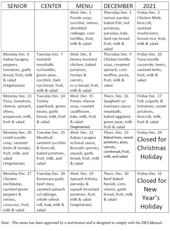 Menu for December – SENIOR CITIZENS OF PATAGONIA, INC.